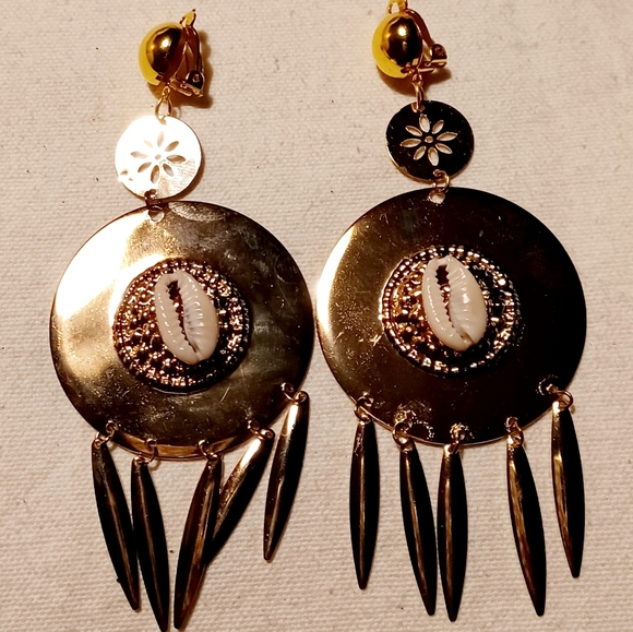 Jewelry | Handmade Gold Metal And Cowrie Shell Dangle Clip On Earrings ...
